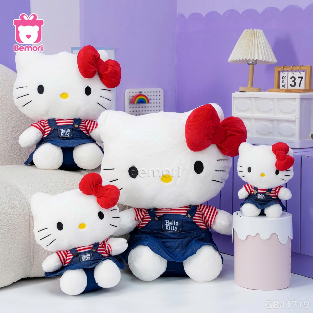 Gấu Bông Hello Kitty Áo Đỏ Yếm Jeans (Big Size) - Bemori