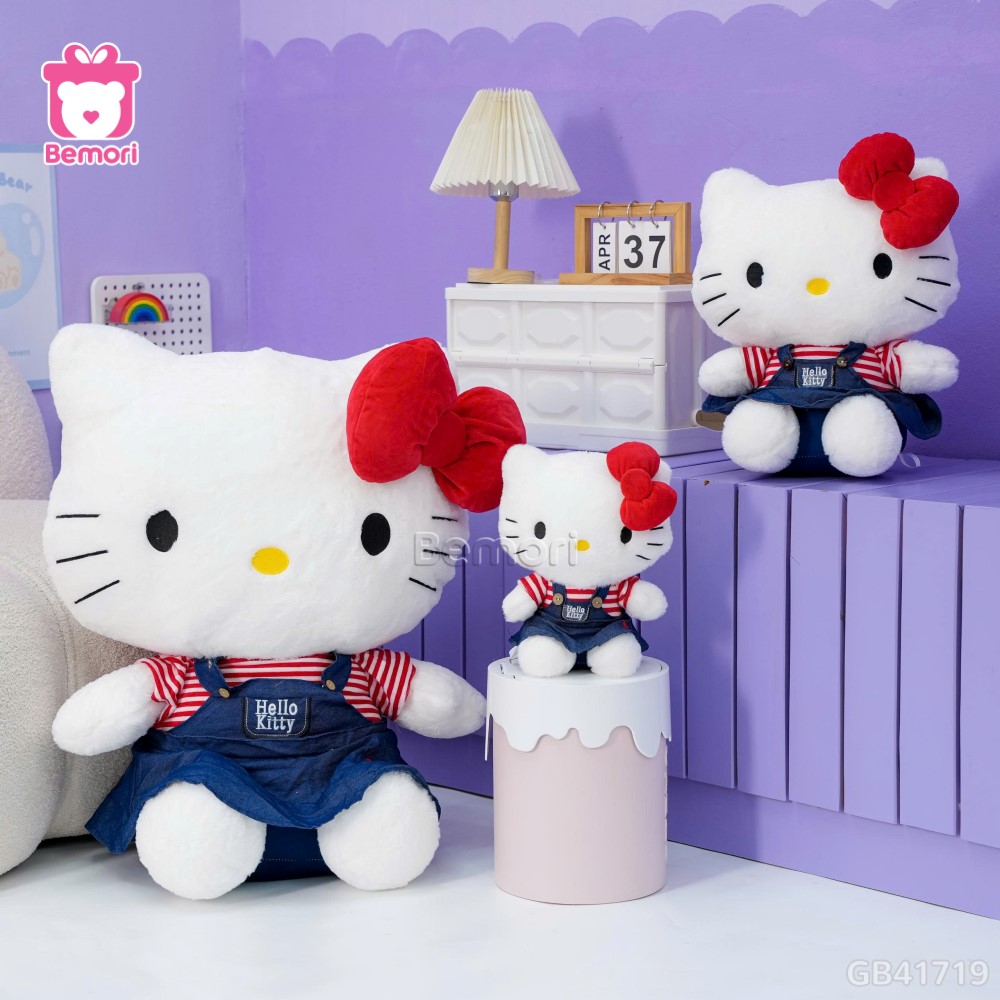 Gấu Bông Hello Kitty Áo Đỏ Yếm Jeans (Big Size) - Bemori