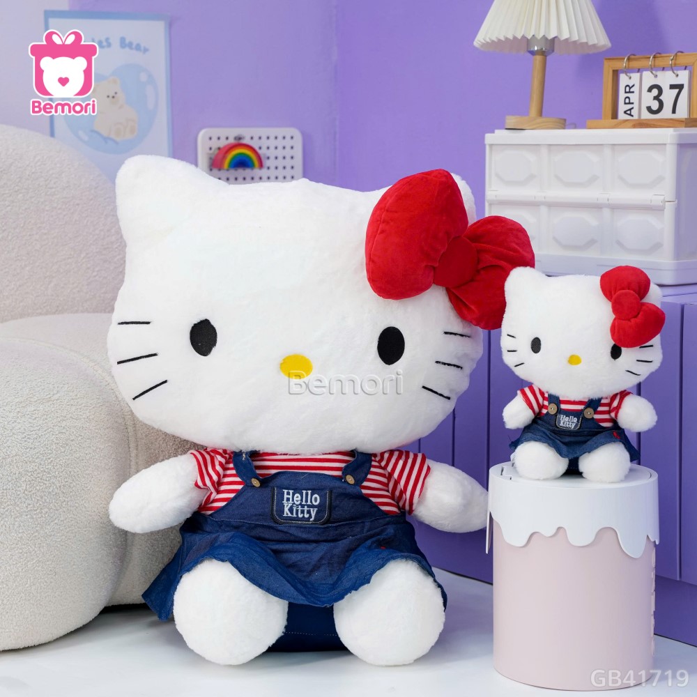 Gấu Bông Hello Kitty Áo Đỏ Yếm Jeans (Big Size) - Bemori