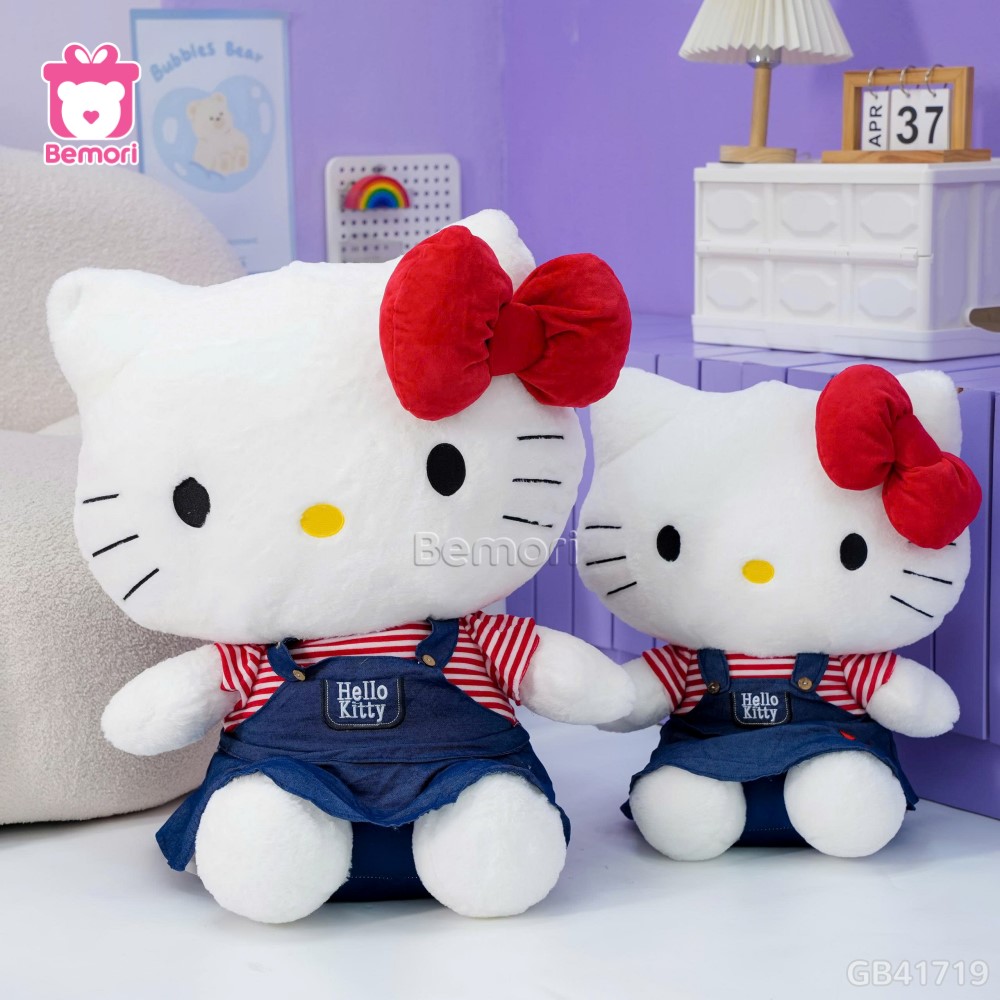 Gấu Bông Hello Kitty Áo Đỏ Yếm Jeans (Big Size) - Bemori